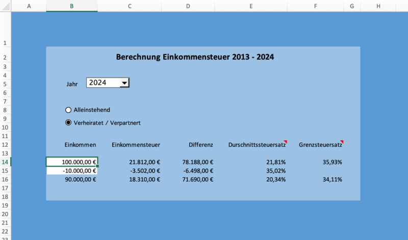 Excel-Vorlage zu Berechnung Einkommensteuer 2013 - 2024